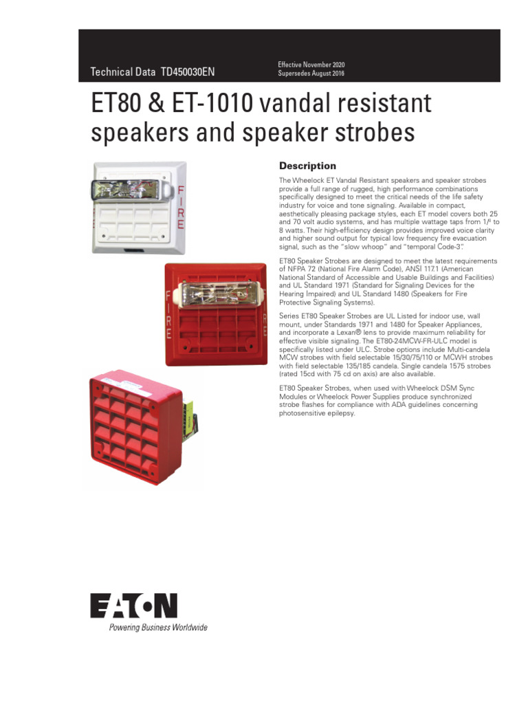 Wheelock Et80 Et1010 Speakers Data Sheet TD450030EN | PDF | Electrical ...