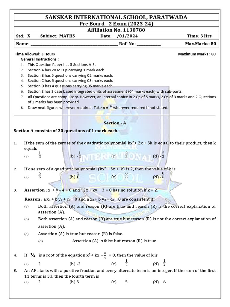 Pre Board - 2 - Math | PDF | Mathematics | Elementary Geometry