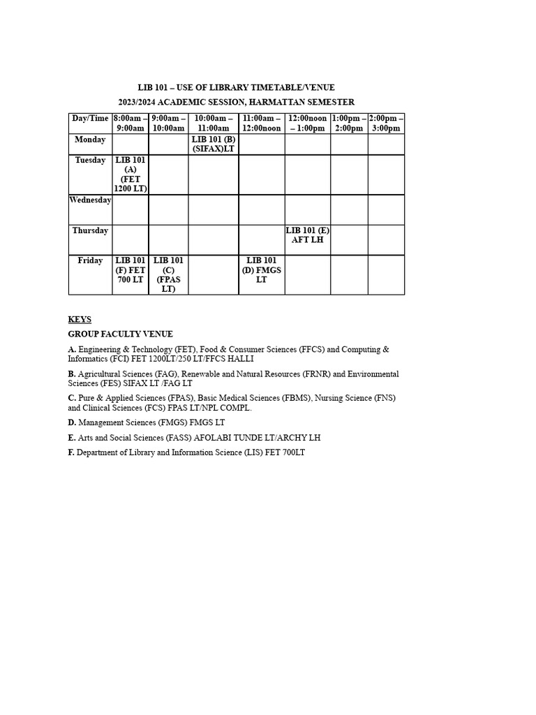 LIB 101 Timetable and Venue | PDF