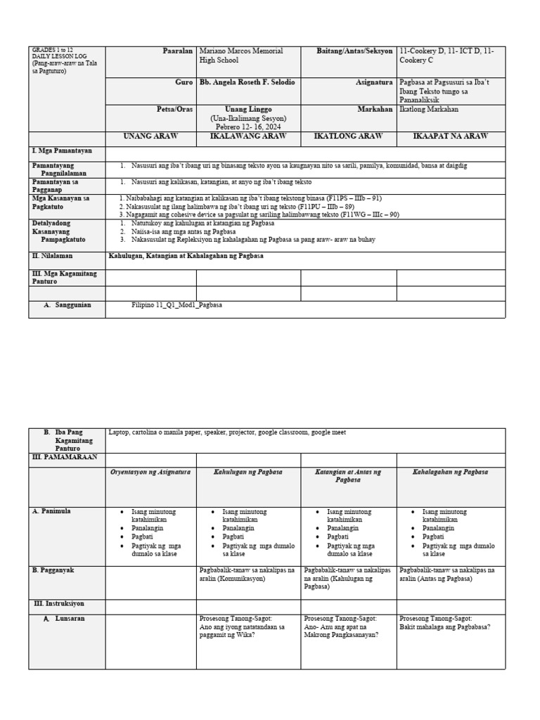 Pagbasa Q3 W1 Daily Lesson Log | PDF