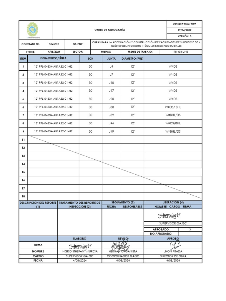 3045359-MEC-O-FT09 ORDEN DE RADIOGRAFIA ODS 003 RB-433 INF RX-003 | PDF