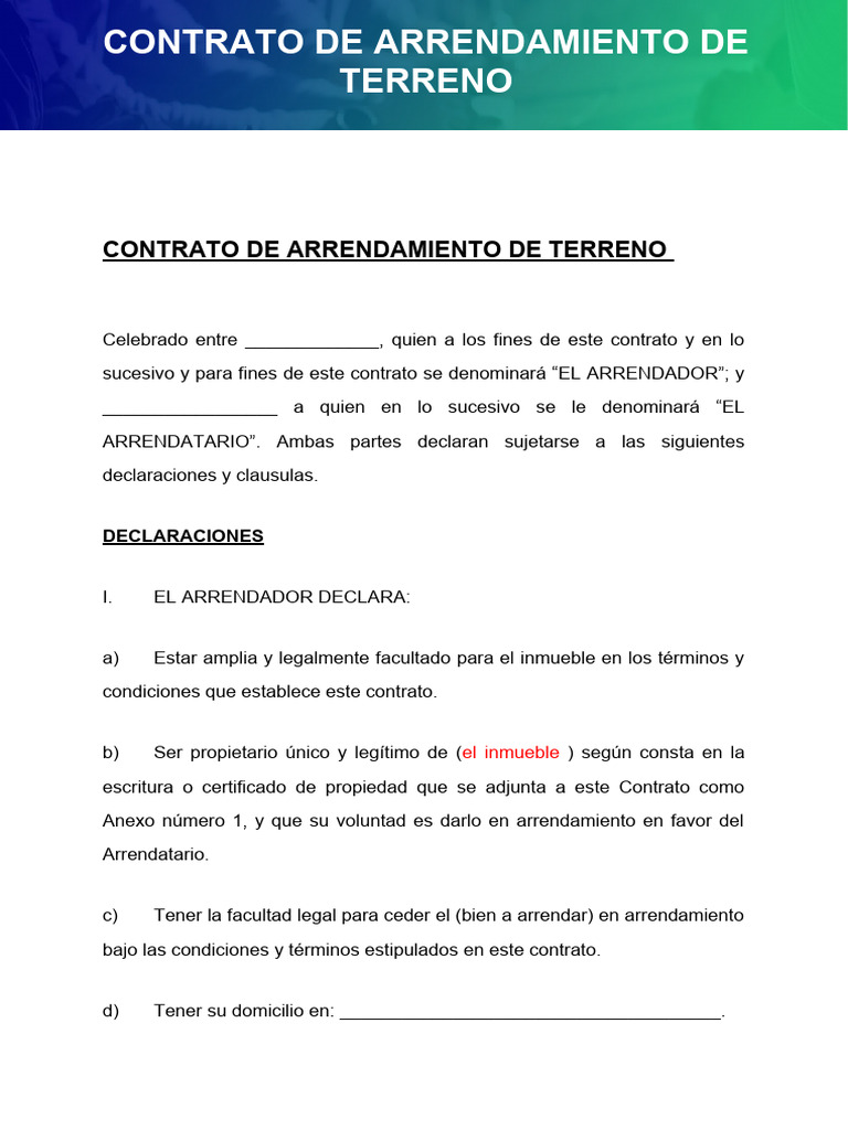 Contrato de Arrendamiento de Terreno | PDF | Propiedad