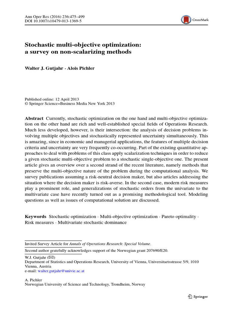 Stochastic Multi-Objective Optimization: A Survey On Non-Scalarizing Methods | PDF ...