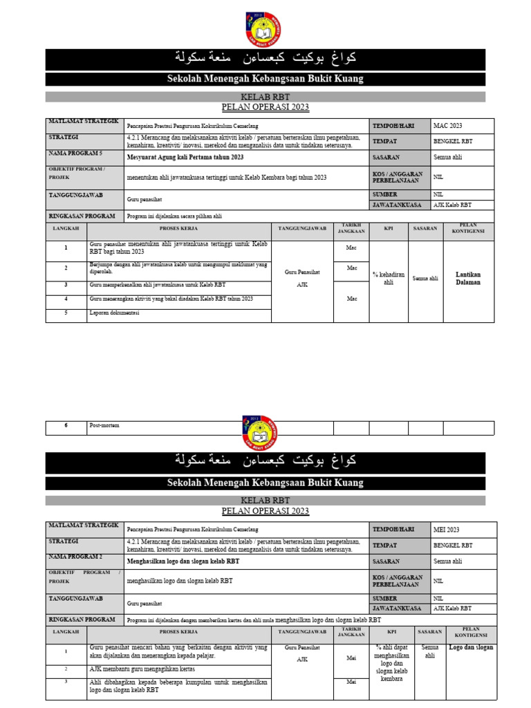 PELAN OPERASI KELAB RBT 2023 | PDF