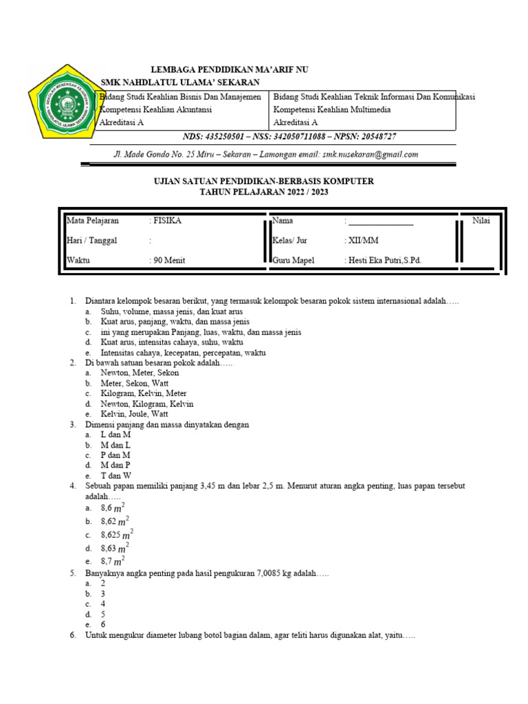Soal Pilihan Ganda Uspbk Fisika 2023 | PDF