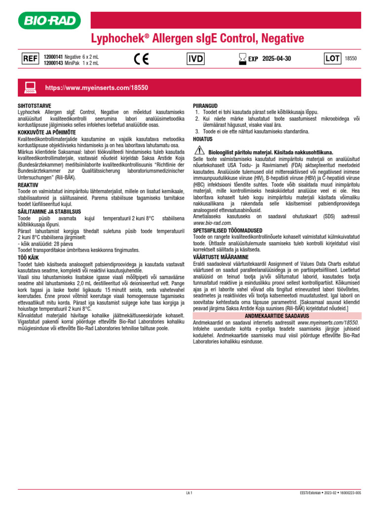 Lyphochek Allergen Sige Control, Negative: 12000141 12000143 Negative ...
