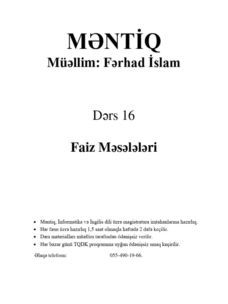 Məntiq Dərs 16 - Faiz Məsələləri | PDF