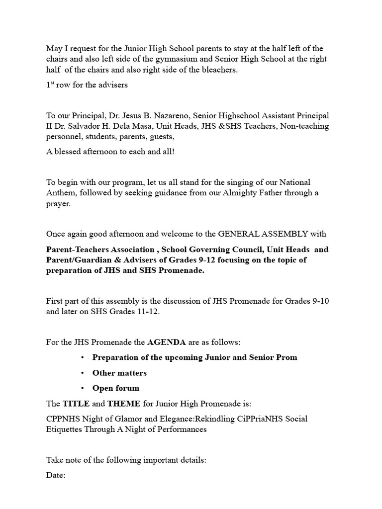 JHS & SHS Promenade Assembly Agenda | PDF