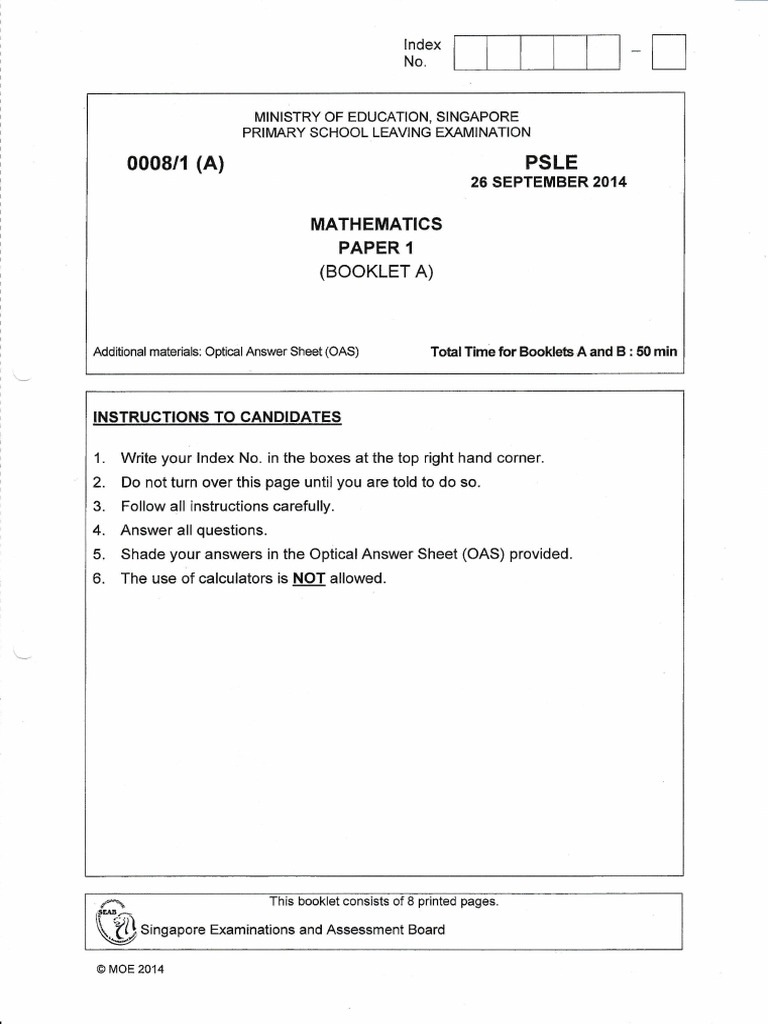 PSLE Maths 2014 Paper 1 Booklet A | PDF