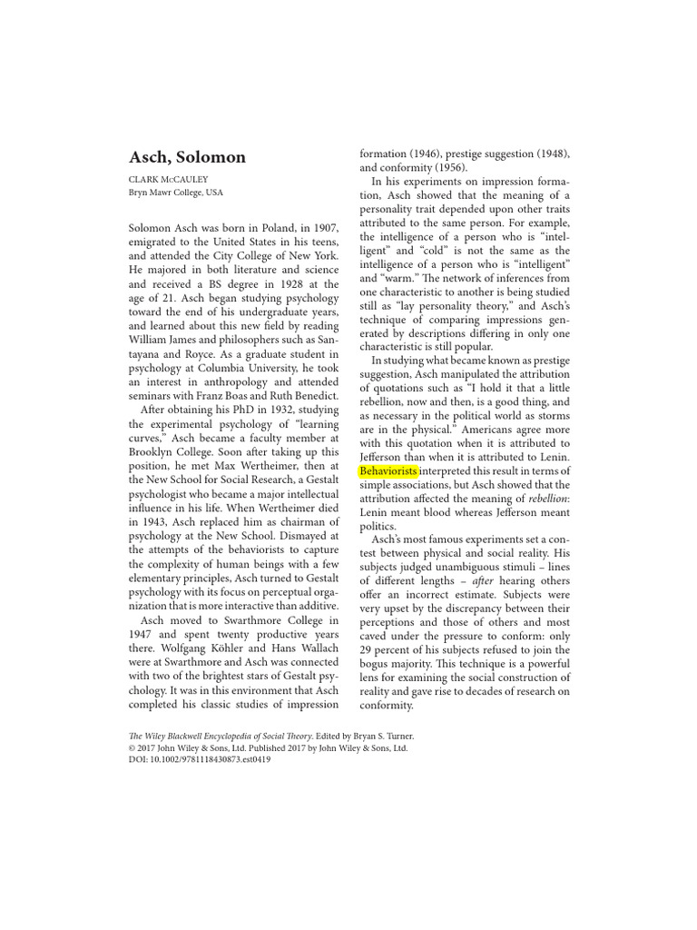 Solomon Asch: Psychology Pioneer | PDF | Psychology | Social Psychology