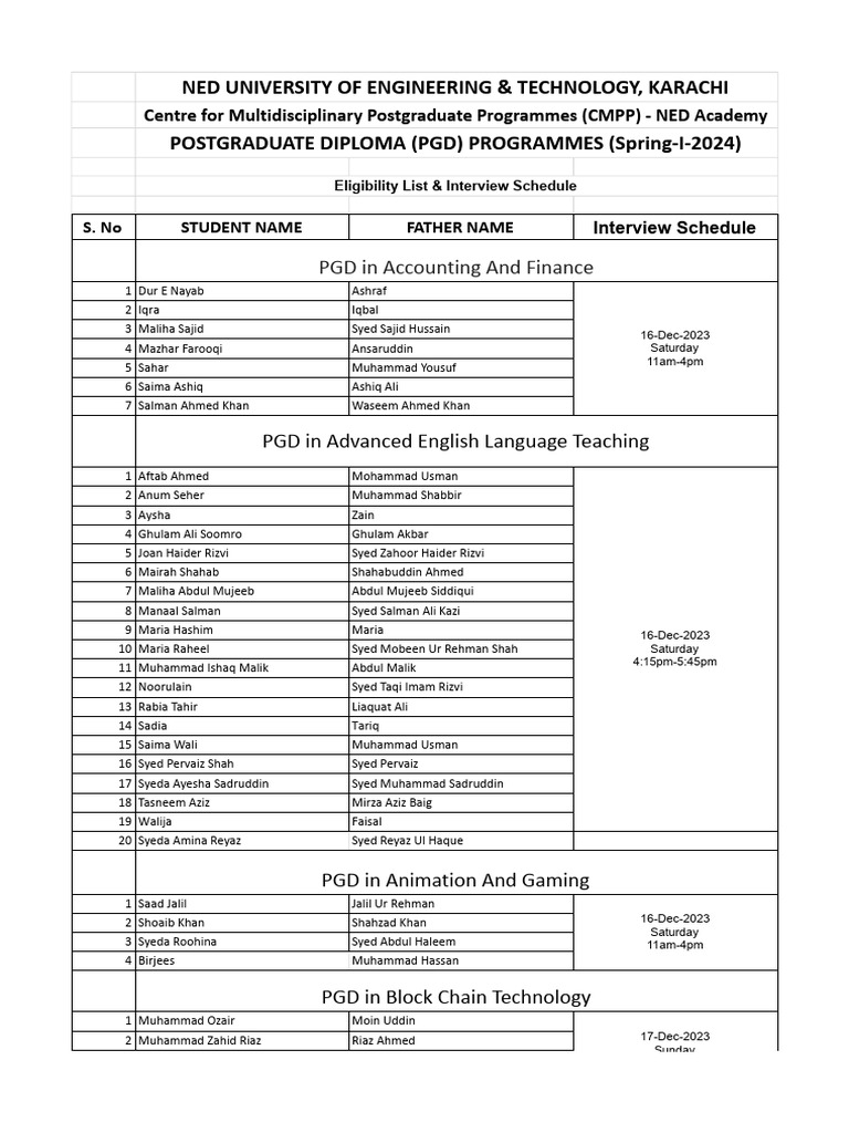 PGD - Spring - I - 2024 - 1st Interview Schedule | PDF