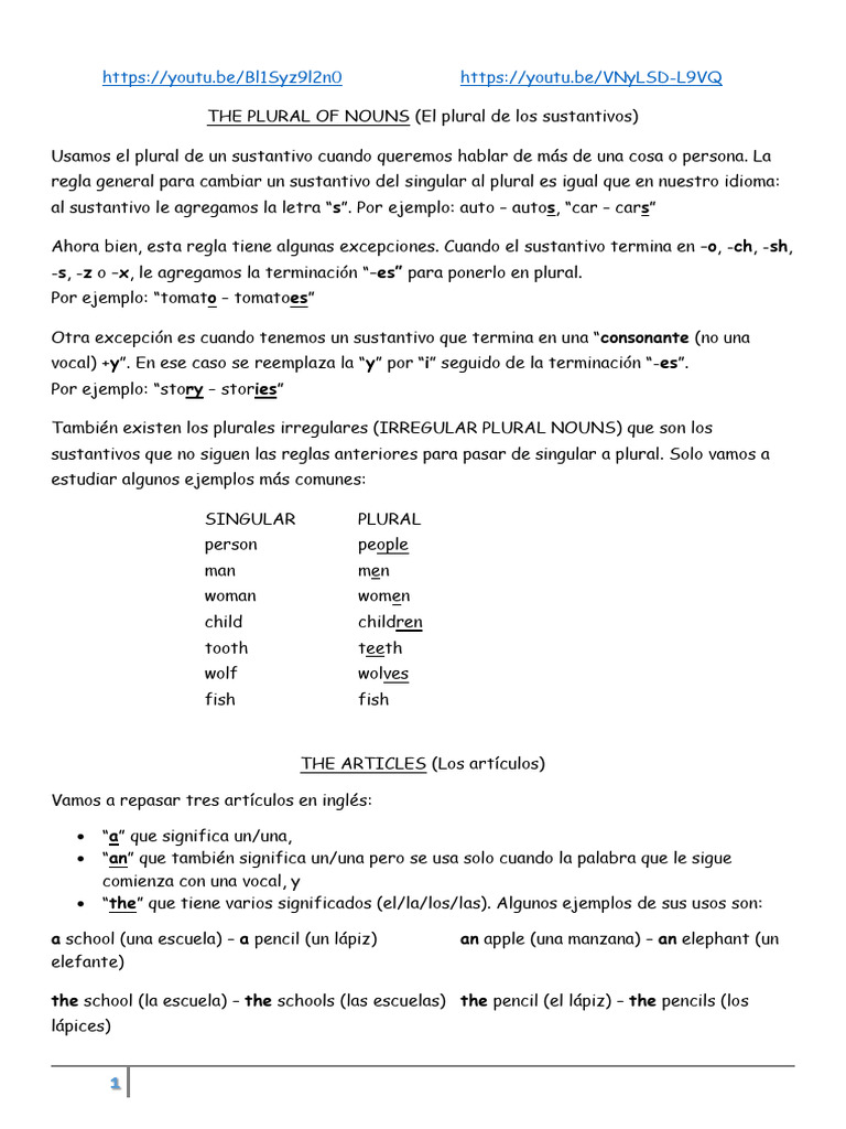 Inglés 1° - Plural - Artículos - Demostrativos | PDF | Sustantivo | Plural