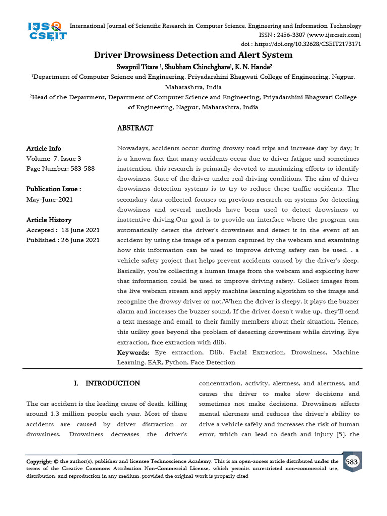 Driver Drowsiness Detection And Alert System Pdf Statistical