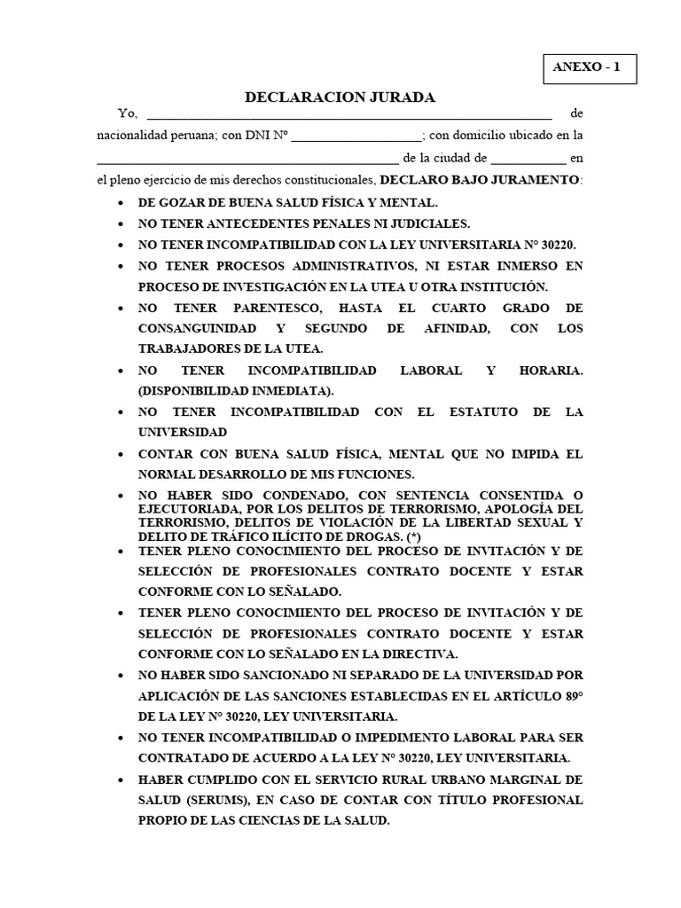 Declaracion-Jurada-seleccion-de-invitacion-docente-TC-y-TP-anexos-0102-y03 | PDF | Documento de ...