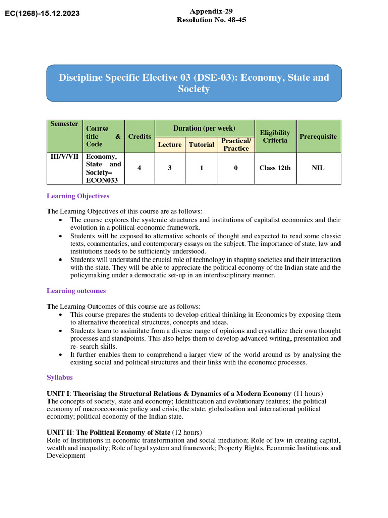 Discipline Specific Elective 03 (DSE-03) : Economy, State and Society ...