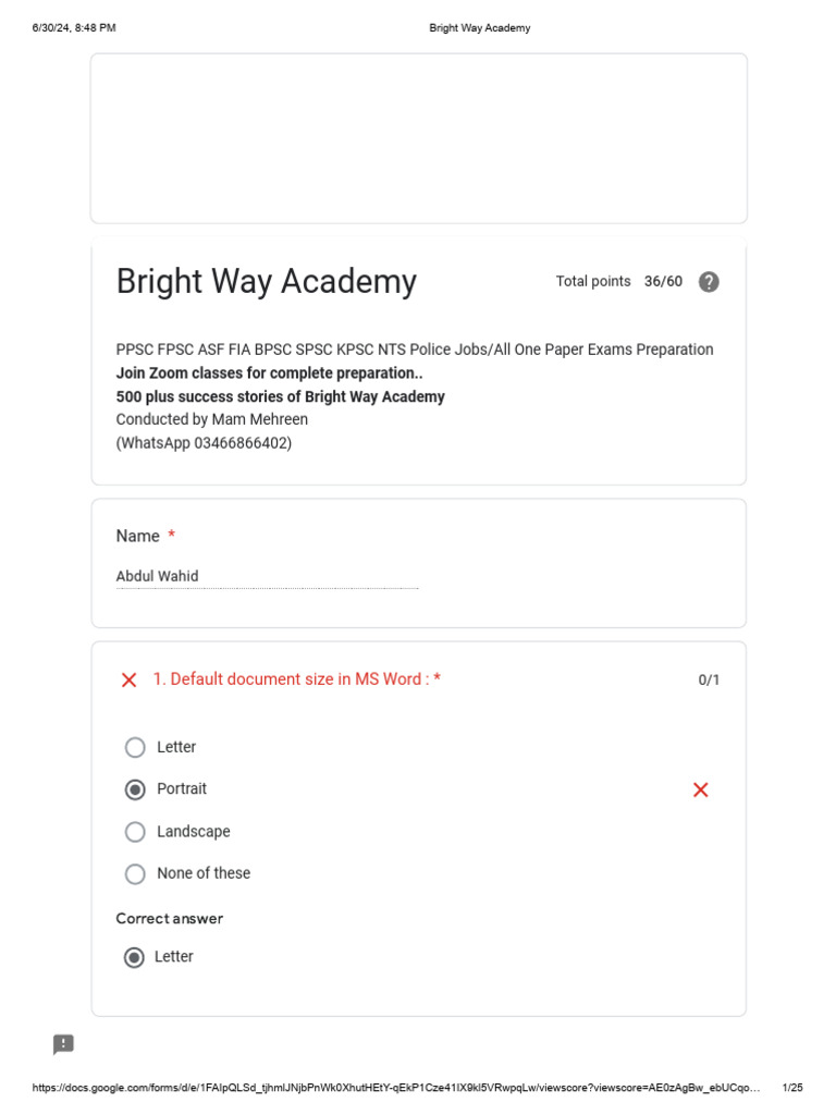 Bright Way Academy Exam Prep Quiz | PDF | Microsoft Word