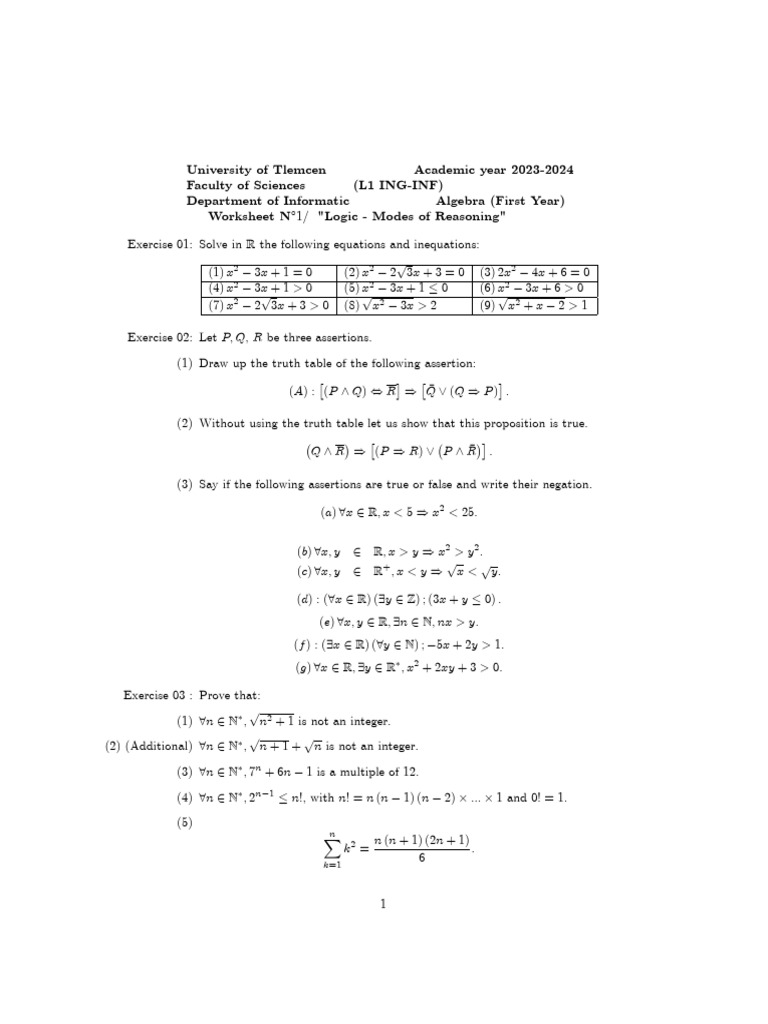Worksheet1 Algebra1 (INF-InG) 2023-2024 | PDF | Algebra | Mathematical ...