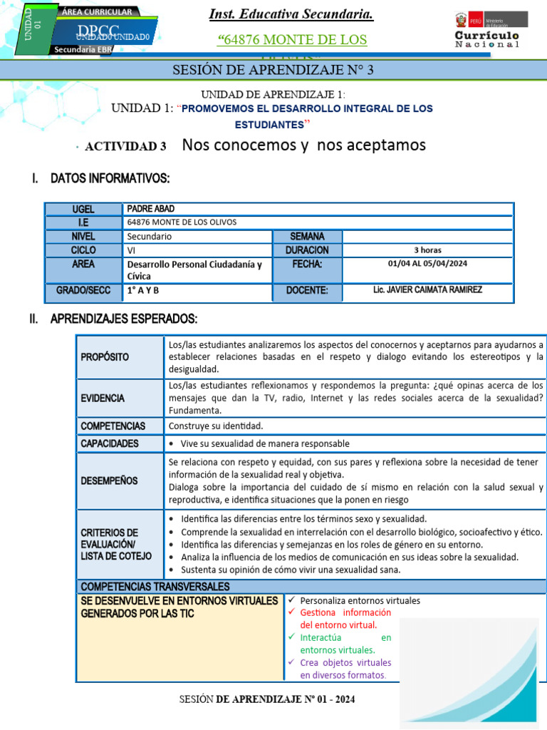 1º DPCC - Ses 1 Uni 1 - Sem 02 | PDF | Aprendizaje | La sexualidad humana