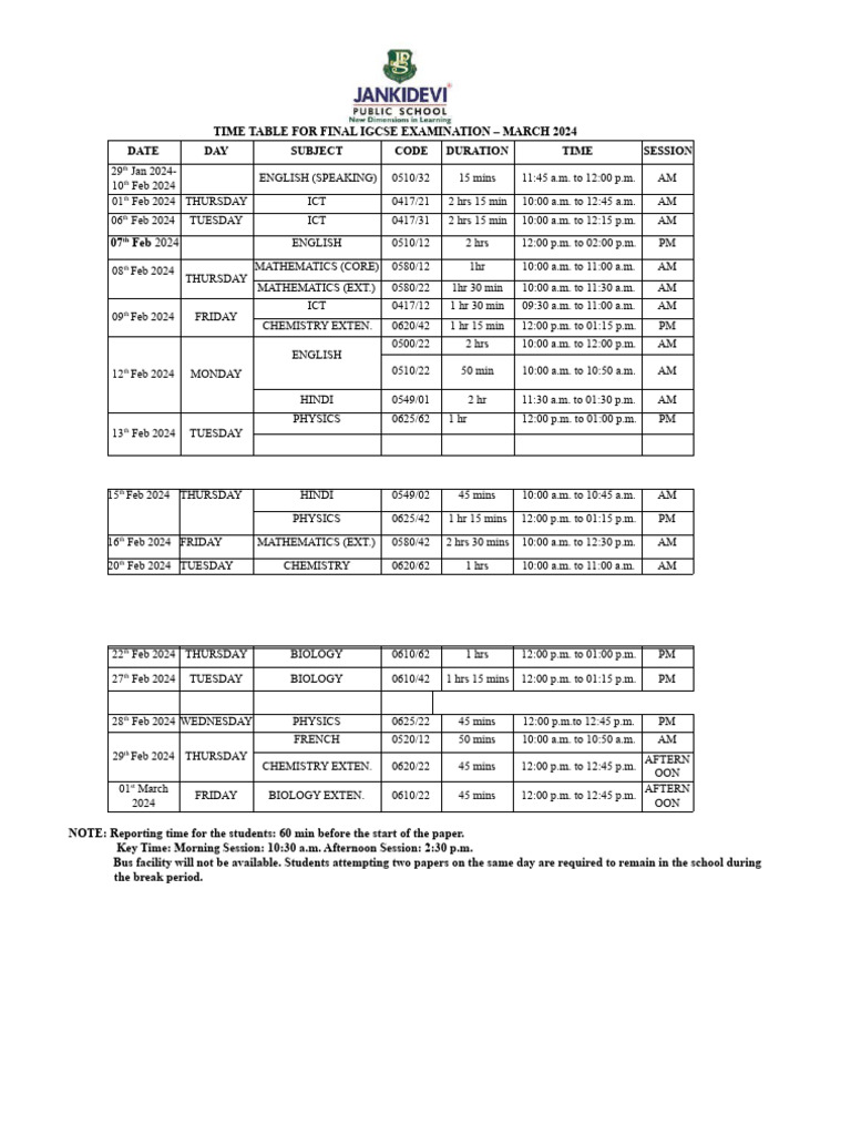 IGCSE Exam Timetable March 2024 | PDF