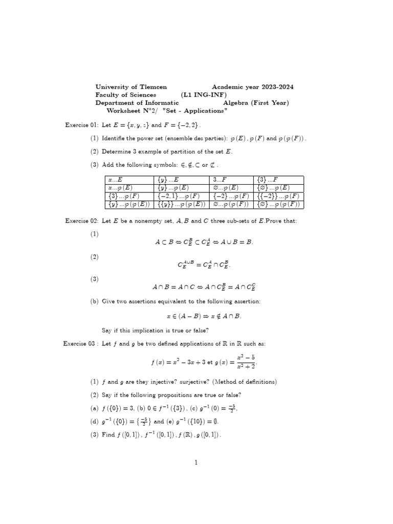 Algebra Worksheet: Set Applications | PDF | Abstract Algebra ...