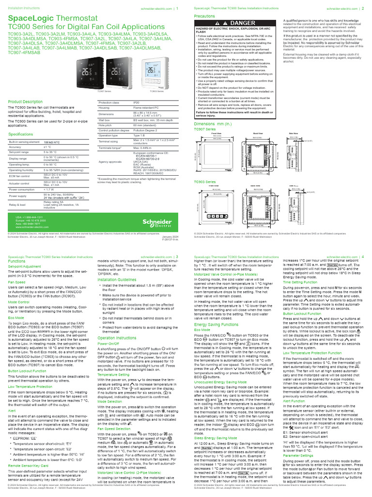 TC900 Series Digital Fan Coil Thermostat Installation Sheet | PDF | Thermostat | Electrical Wiring