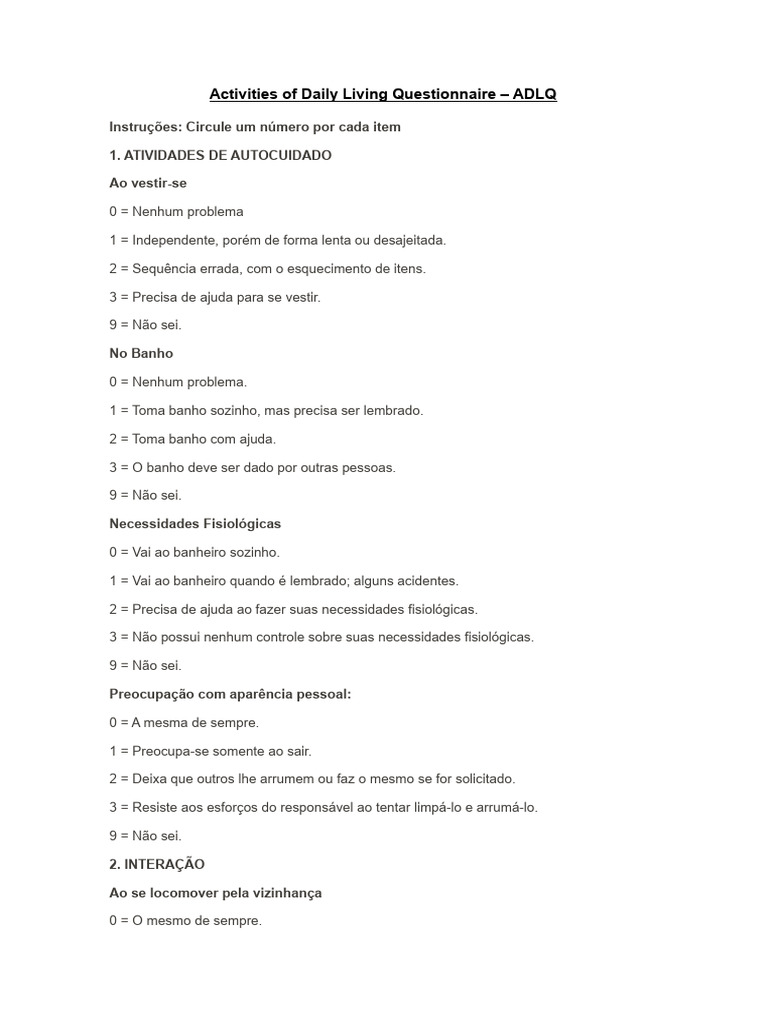 Activities of Daily Living Questionnaire | PDF | Dinheiro