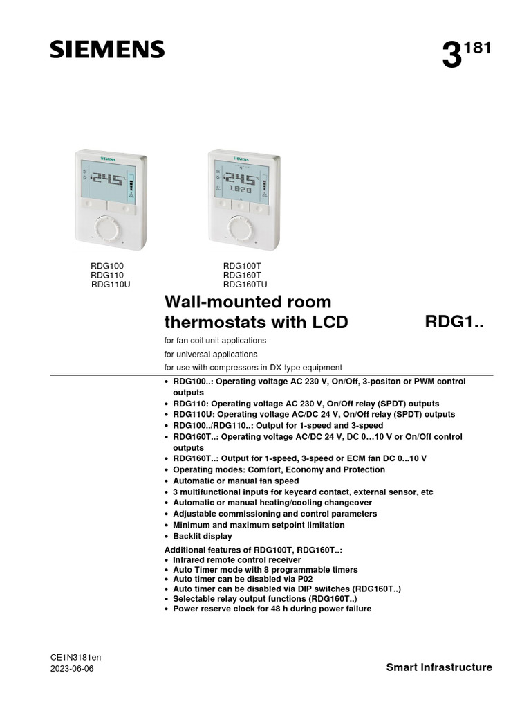 RDG1... Room Thermostats With LCD For Wall Mounting | PDF | Thermostat ...