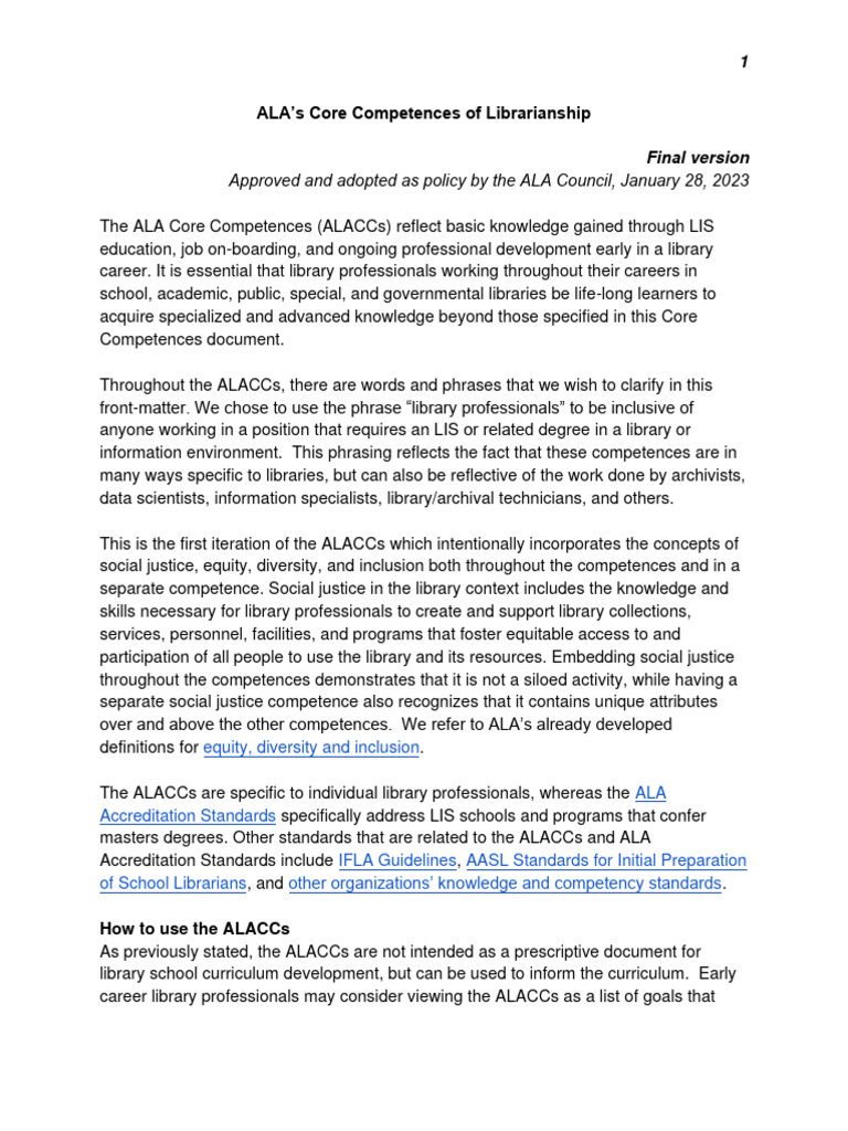 2022 ALA Core Competences of Librarianship - FINAL | PDF | Libraries ...
