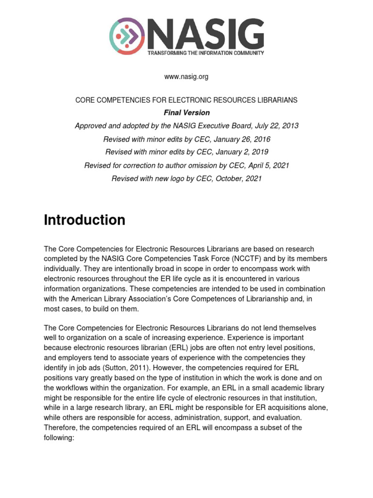 NASIG Core Competencies For Electronic Resources Librarians - Final ...