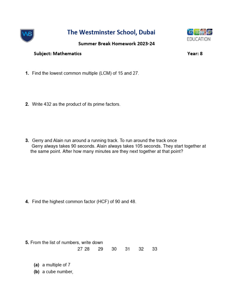 Year 8-Maths Summer Break Homework | PDF | Area | Elementary Mathematics