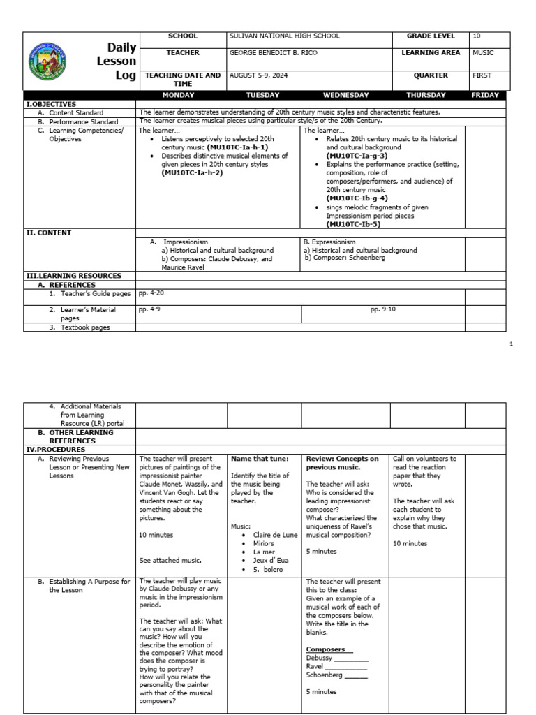 10th Grade Music Lesson Plan: 20th Century Styles | PDF | Impressionism ...