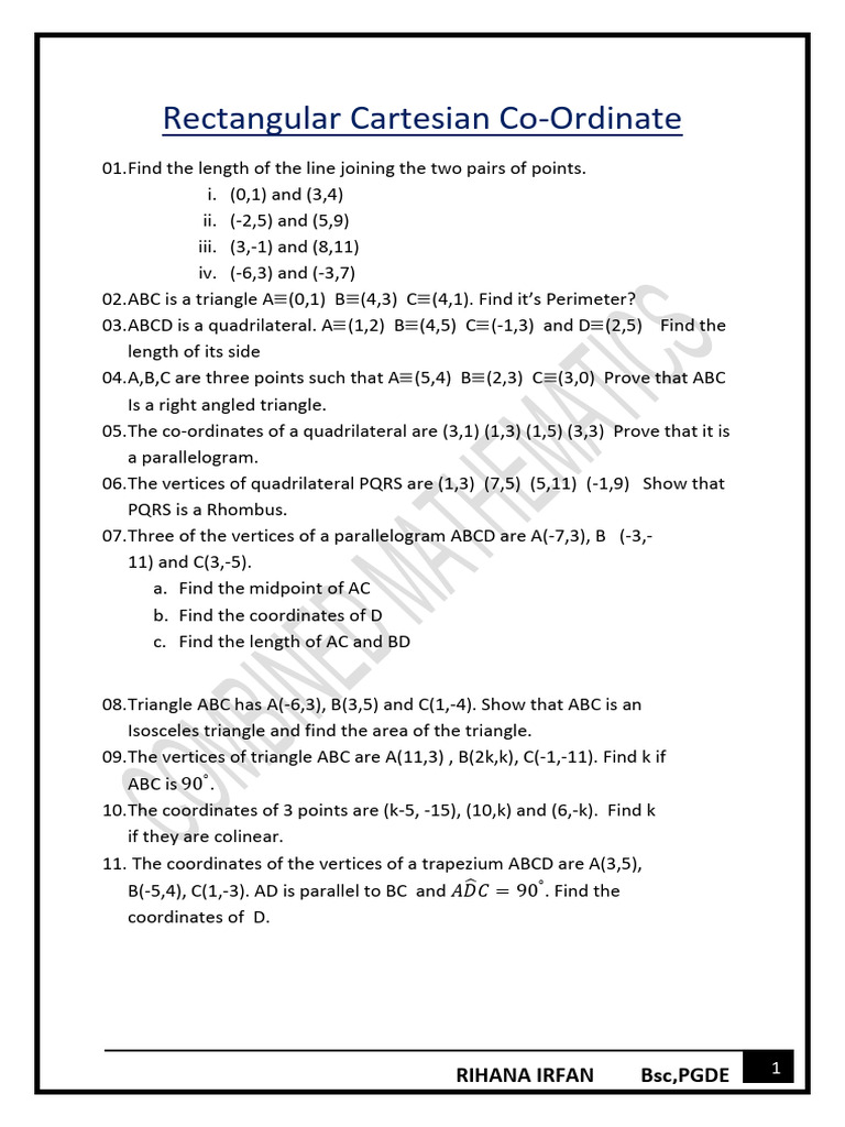 Rectangular Cartesian Co Ordinates 1 | PDF | Triangle | Euclidean Plane ...