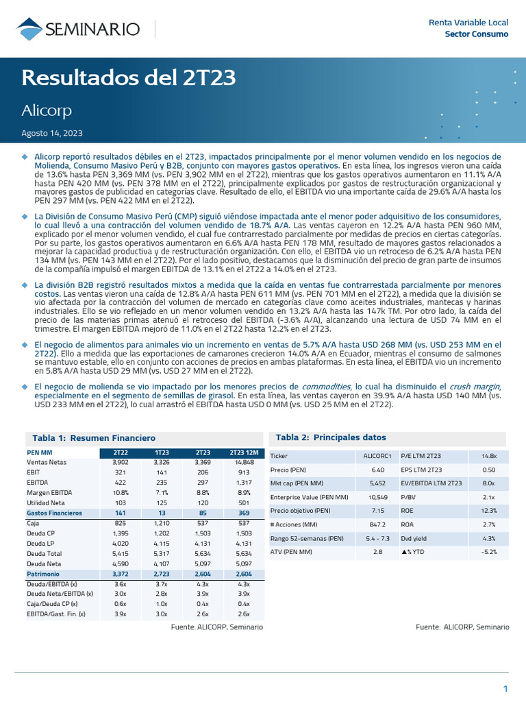 Alicorp - 2T23 | PDF | Sector privado | Inversiones