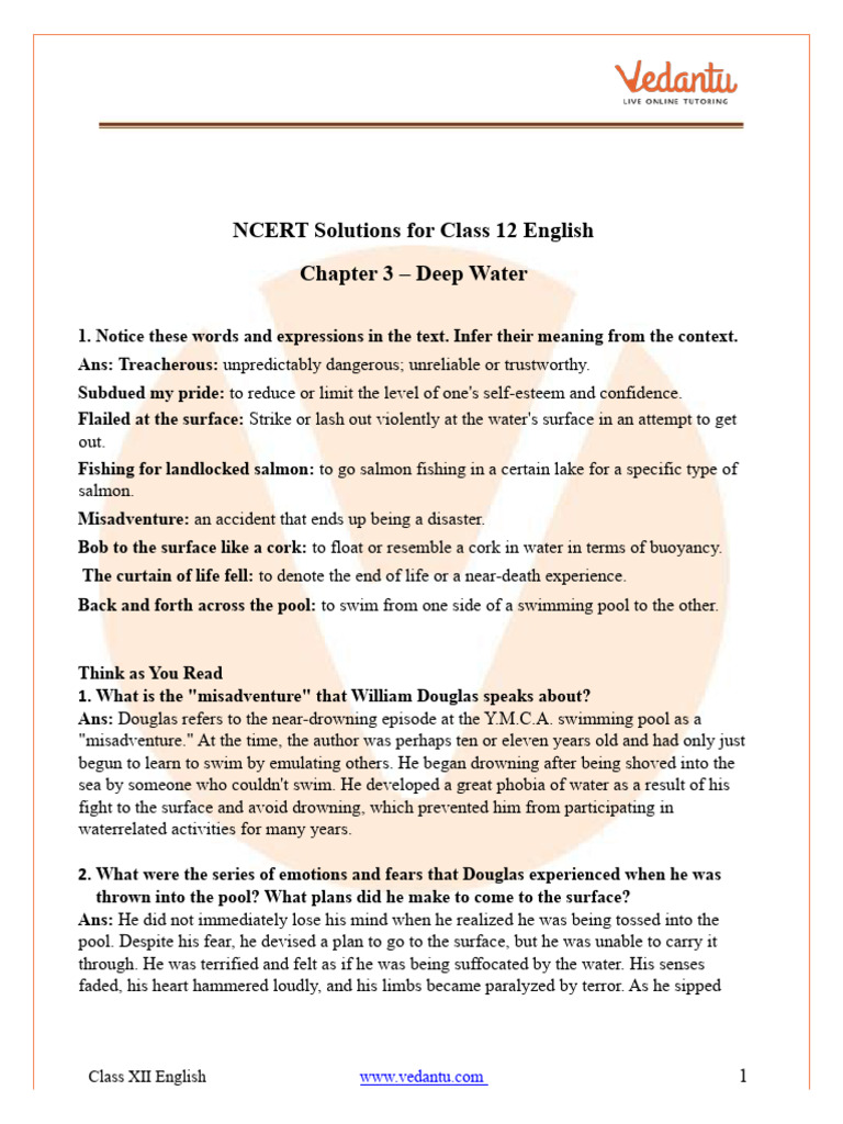 NCERT Class 12 English Deep Water Guide | PDF | Fear | Swimming