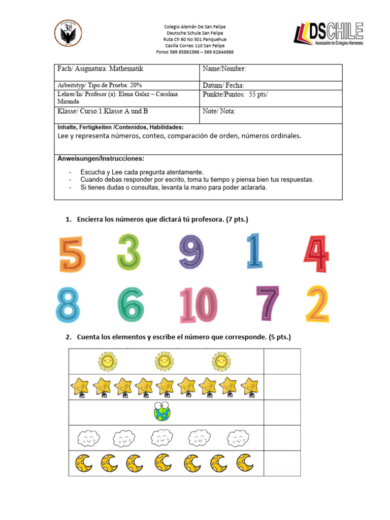 Prueba Números Hasta El 10 Relacion de Orden y Números Ordinales | PDF