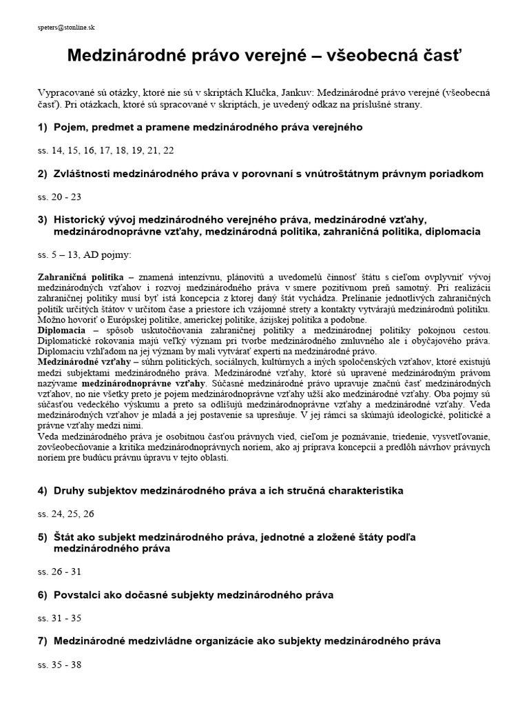 Medzinárodné Právo Verejné - Všeobecne (Zadania-Seminarky - SK) | PDF