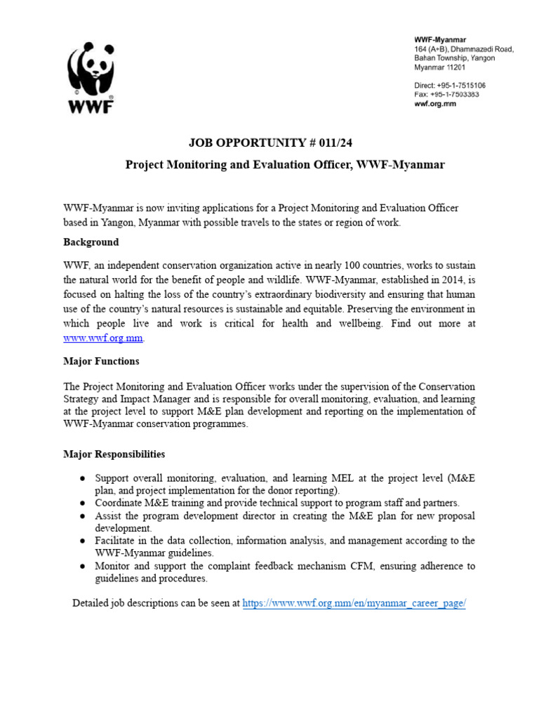 Project M&E Officer Job at WWF-Myanmar | PDF | Conservation Biology ...