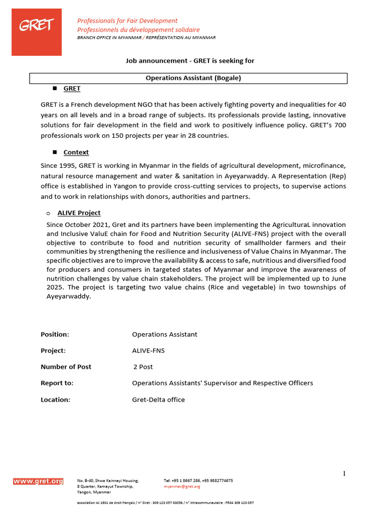 Job Announcement of Operations Assistant | PDF