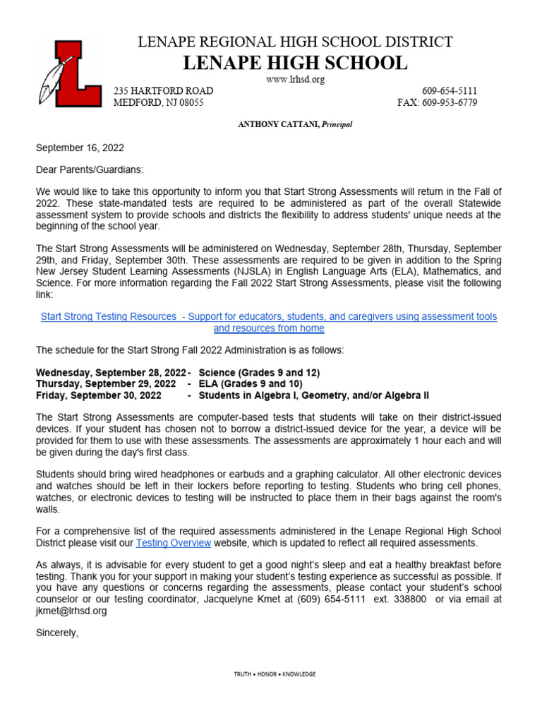Lenape High School Start Strong Assessments | PDF