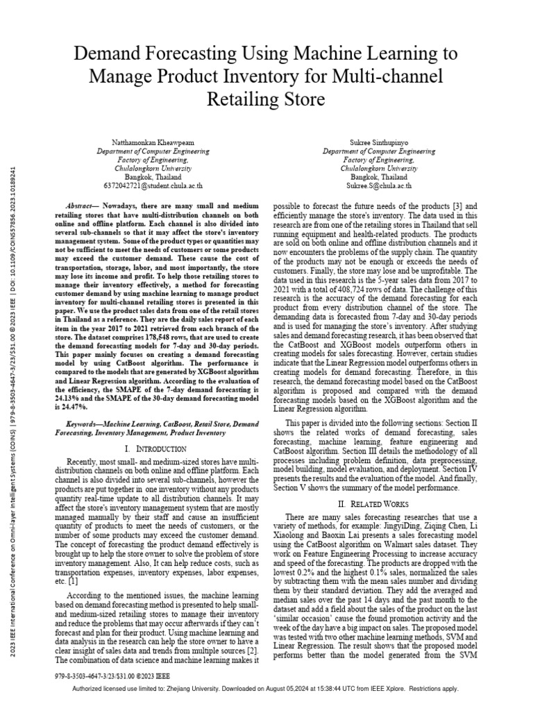 Demand Forecasting Using Machine Learning To Manage Product Inventory For Multi | PDF ...