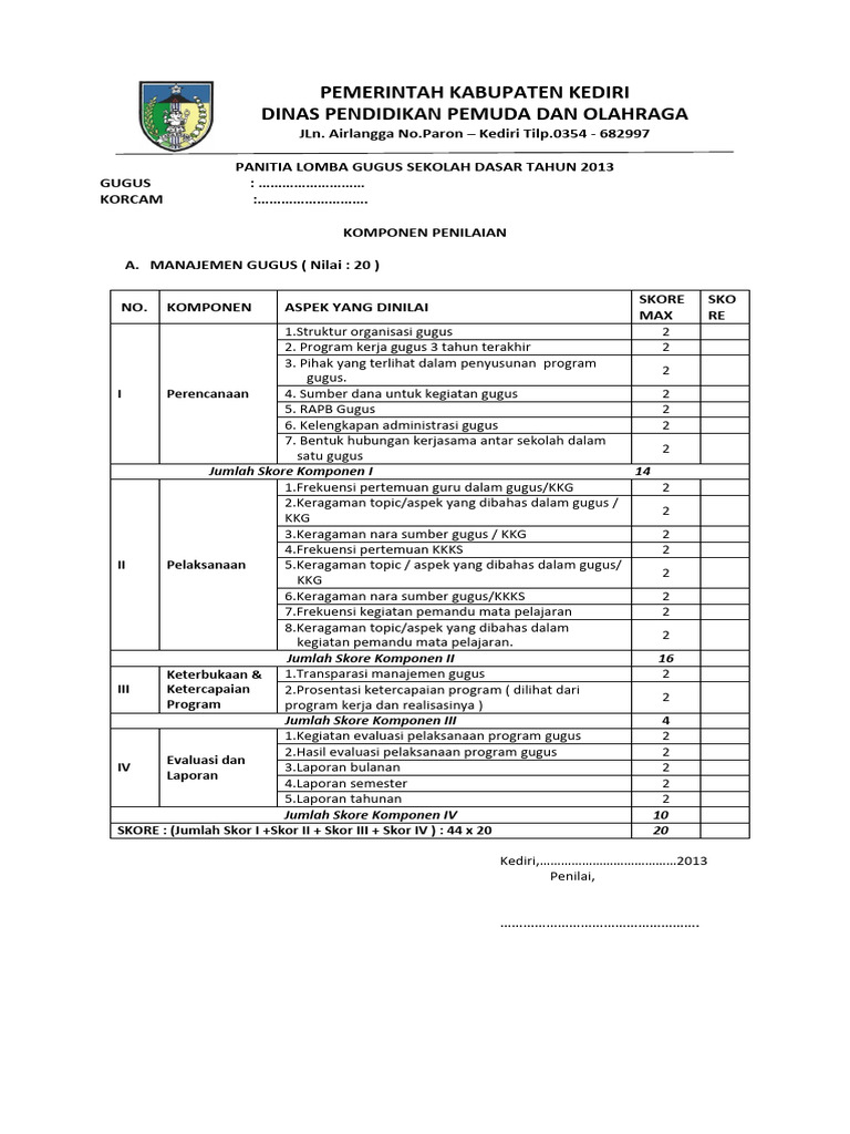 Penilaian Lomba Gugus Sekolah Dasar 2013 | PDF