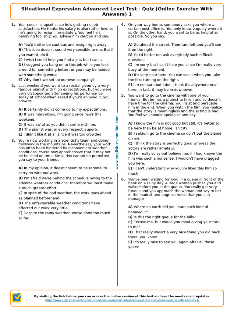 377 - Situational Expression Advanced Level Test Quiz Online Exercise ...
