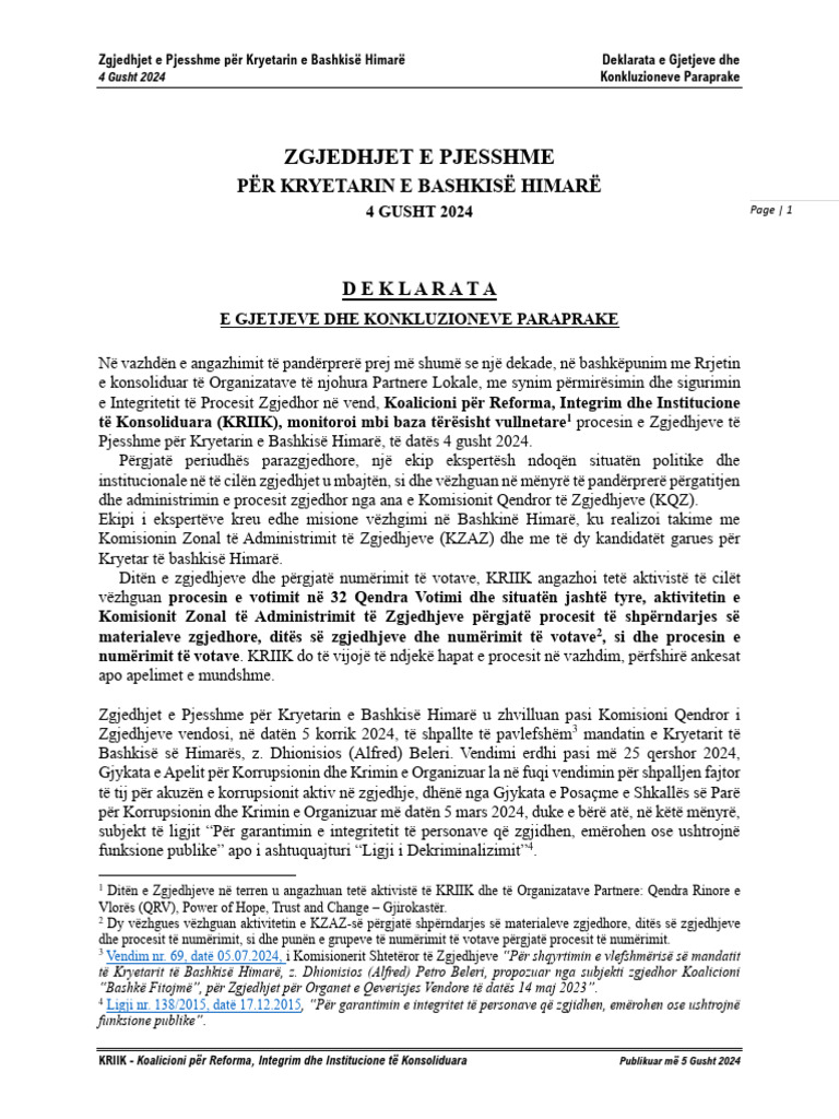 KRIIK - Deklarata e Gjetjeve e Konkluzioneve Paraprake, Himare 2024 | PDF