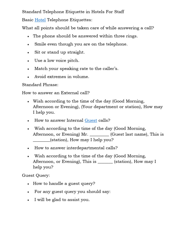 Standard Telephone Etiquette in Hotels For Staff | PDF