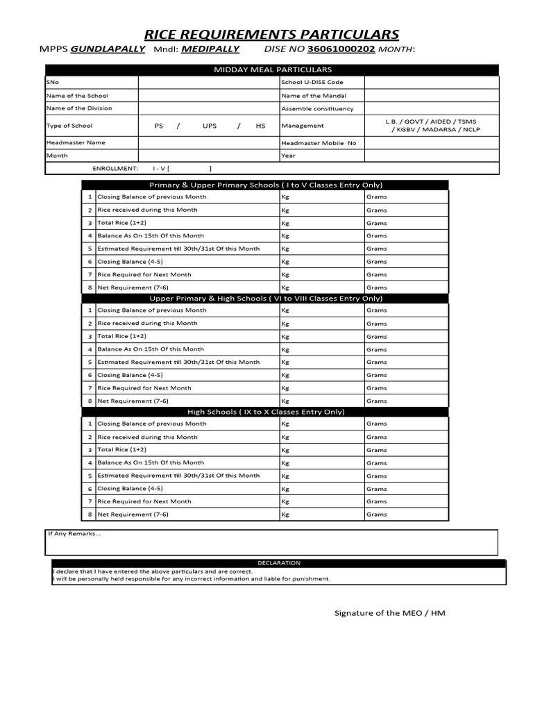 Monthly Rice Requirement Declaration Form | PDF