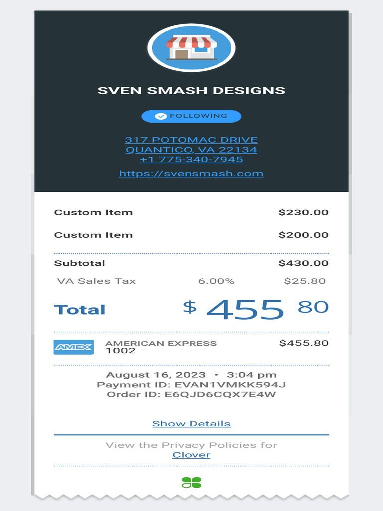 Custom Order Invoice for SVEN SMASH | PDF