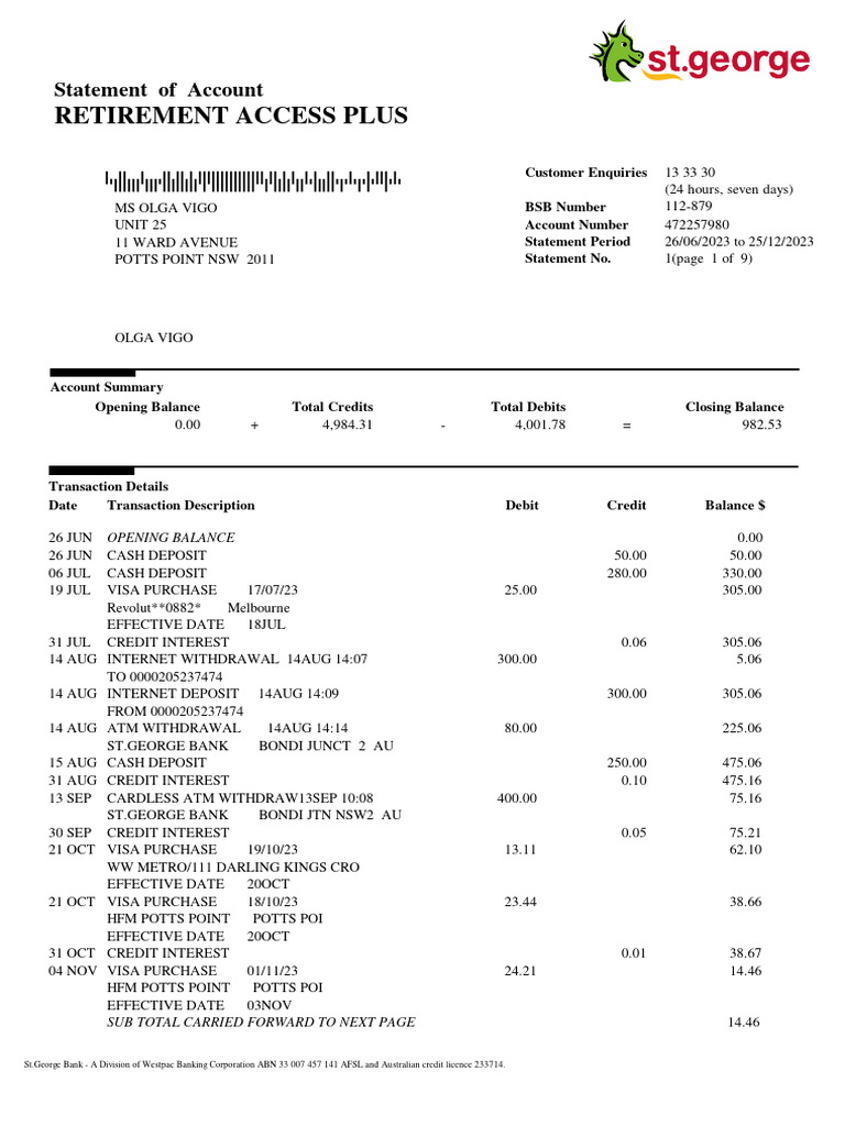 Olga Vigo Retirement Account Statement | PDF | Transaction Account ...