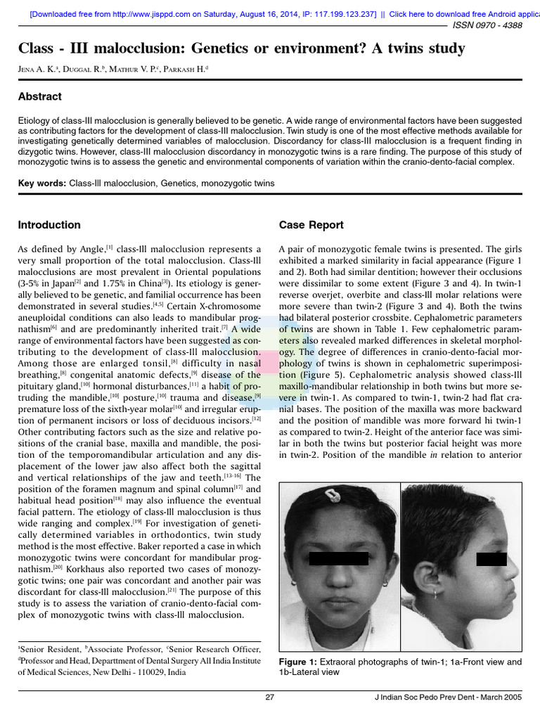 Class III Malocclusion Genetics or Envir | PDF | Twin | Dentistry Branches