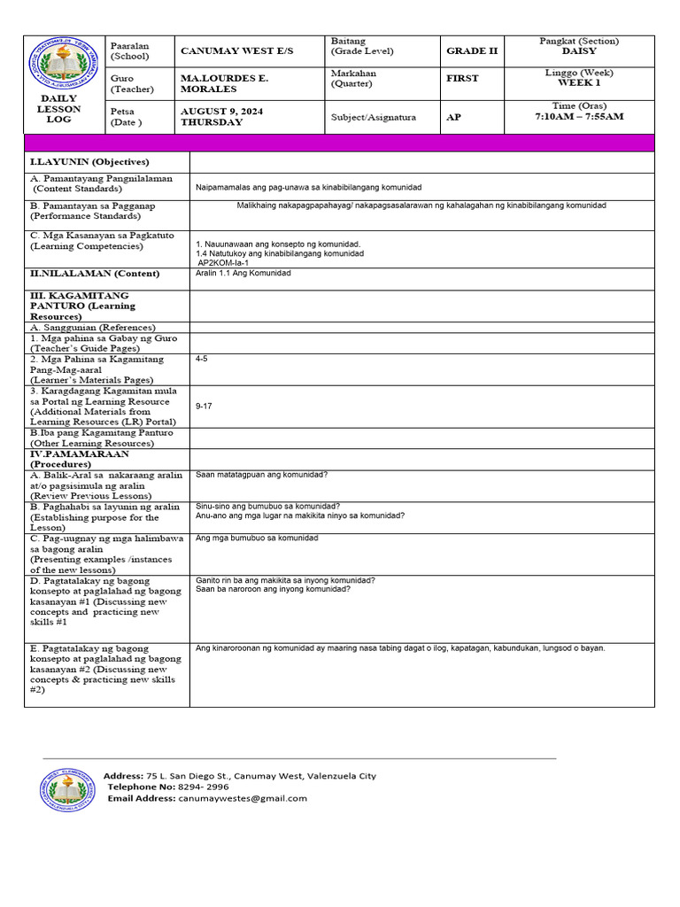 Ap Q1W1D4 | PDF | Learning | Teachers