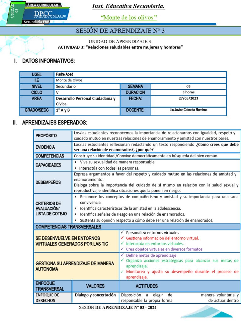 1º DPCC- SES 3 UNI 3 - SEM 03 | PDF | Aprendizaje | Maestros